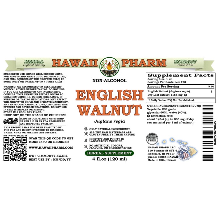 English Walnut Alcohol-FREE Liquid Extract, Organic English Walnut ...
