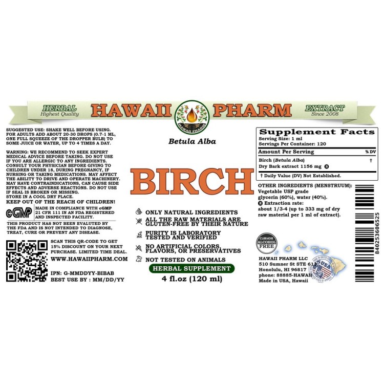 Birch Alcohol-FREE Liquid Extract, Birch (Betula Alba) Dried Bark Glycerite
