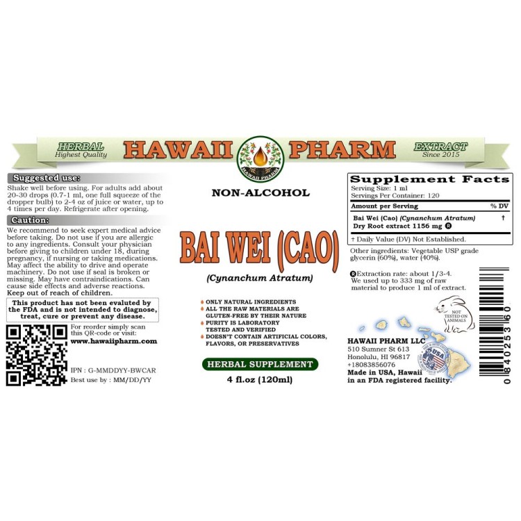 Bai Wei (Cao) (Cynanchum Atratum) Tincture, Dried Root ALCOHOL-FREE ...