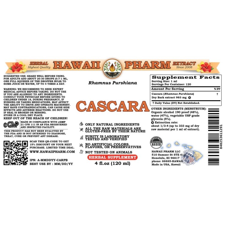 Cascara Liquid Extract, Cascara (Rhamnus Purshiana) Dried Bark Tincture