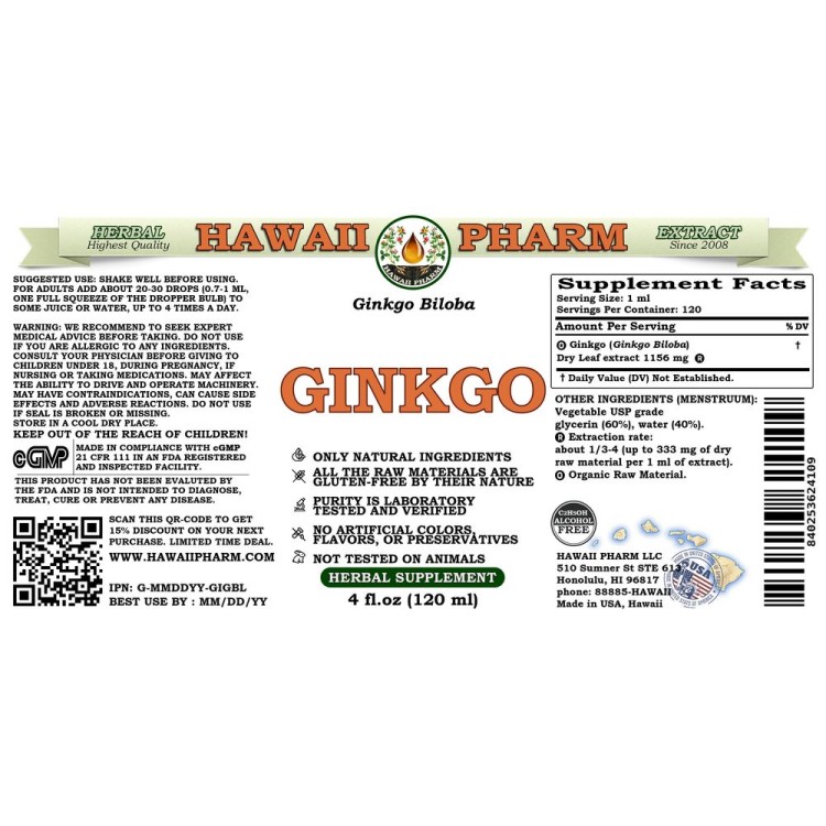 Ginkgo Alcohol-FREE Liquid Extract, Organic Ginkgo (Ginkgo Biloba ...