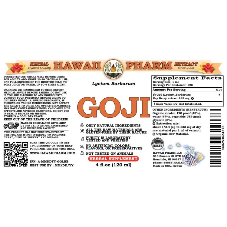 Goji Liquid Extract, Organic Goji (Lycium Barbarum) Dried Berries Tincture