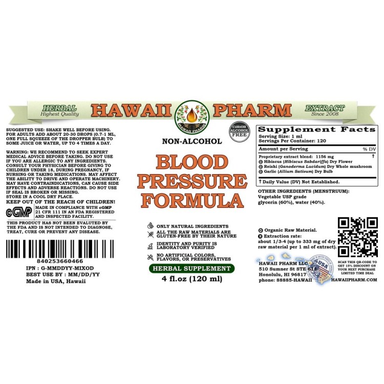 Blood Pressure Formula Alcohol-FREE Herbal Liquid Extract, Hibiscus ...