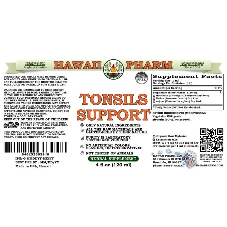 Tonsils Support Alcohol-FREE Herbal Liquid Extract, Hawthorn Dried ...