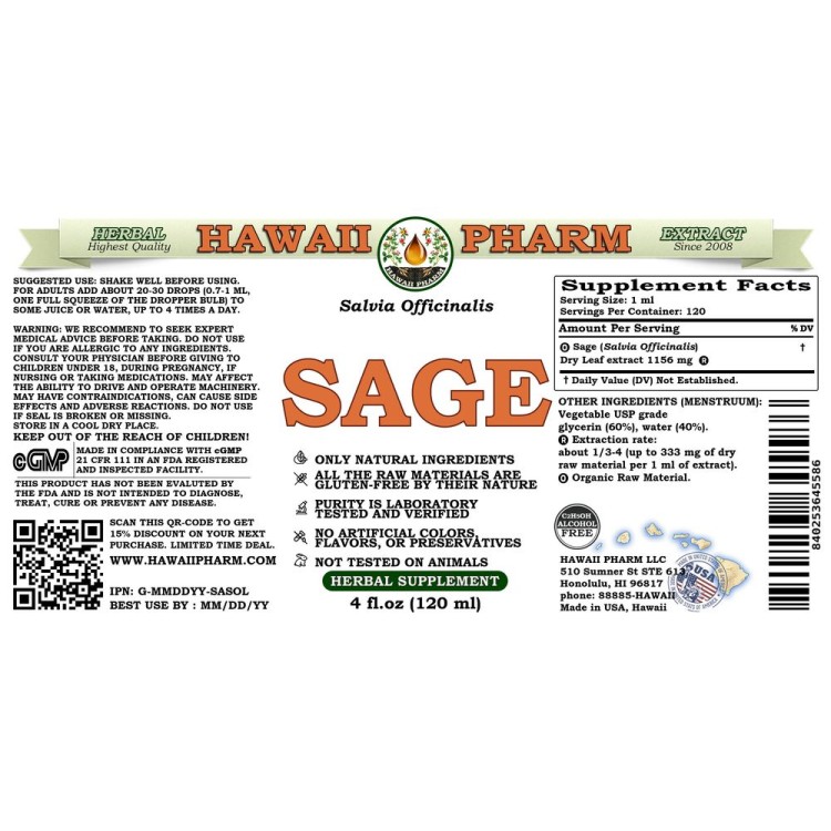 Sage Alcohol-FREE Liquid Extract, Organic Sage (S. officinalis) Dried ...