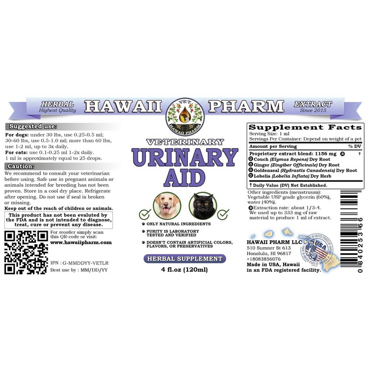 Urinary Aid, Veterinary Natural Alcohol-FREE Liquid Extract, Pet Herbal ...