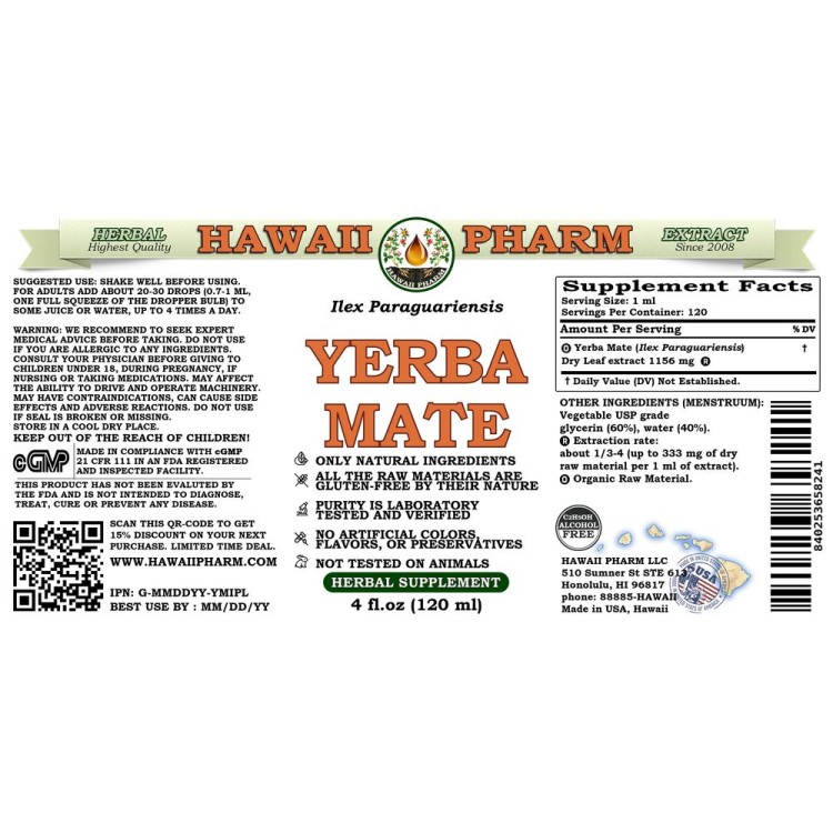 Yerba Mate Alcohol-FREE Liquid Extract, Organic Yerba Mate (Ilex ...